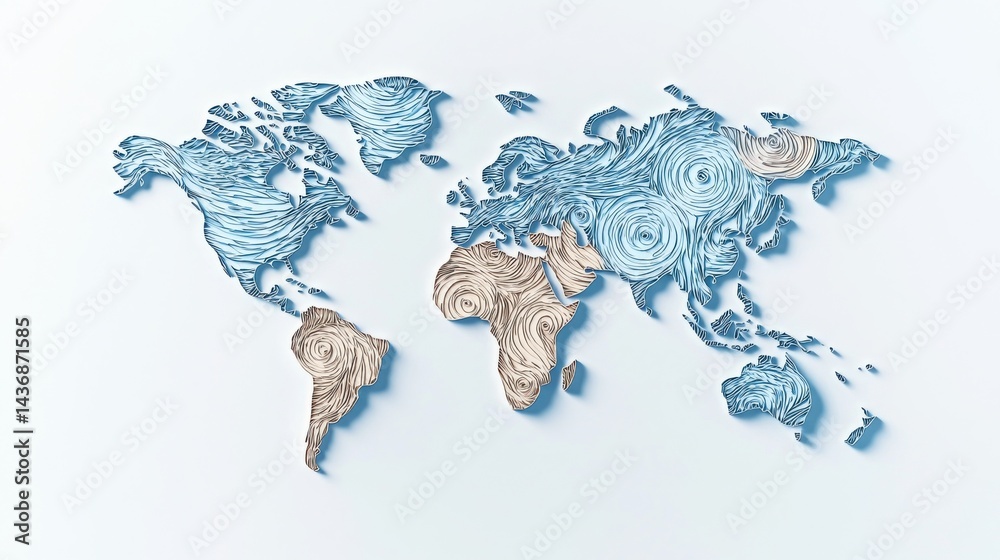 Artistic Papercut World Map with Ocean and Mountain Textures for Global ...