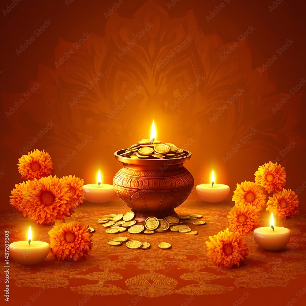 Happy Dhanteras, poster template design with gold coin in pot and ...