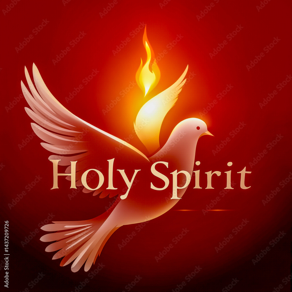 Pentecost. A white dove spreads its wings and flies, burning with the ...