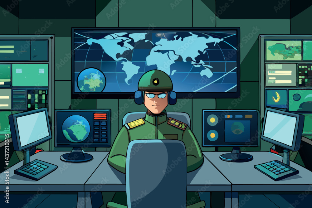 High tech military control room with cybersecurity analysis and ...
