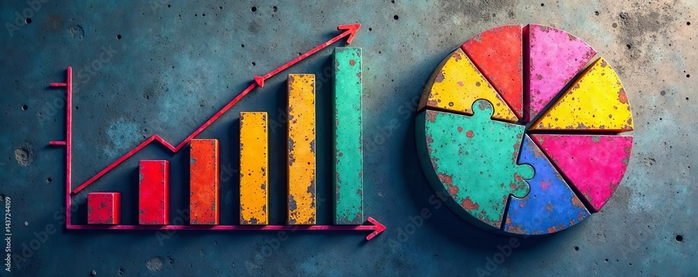 Colorful bar graph and pie chart drawn on concrete wall, strategy ...