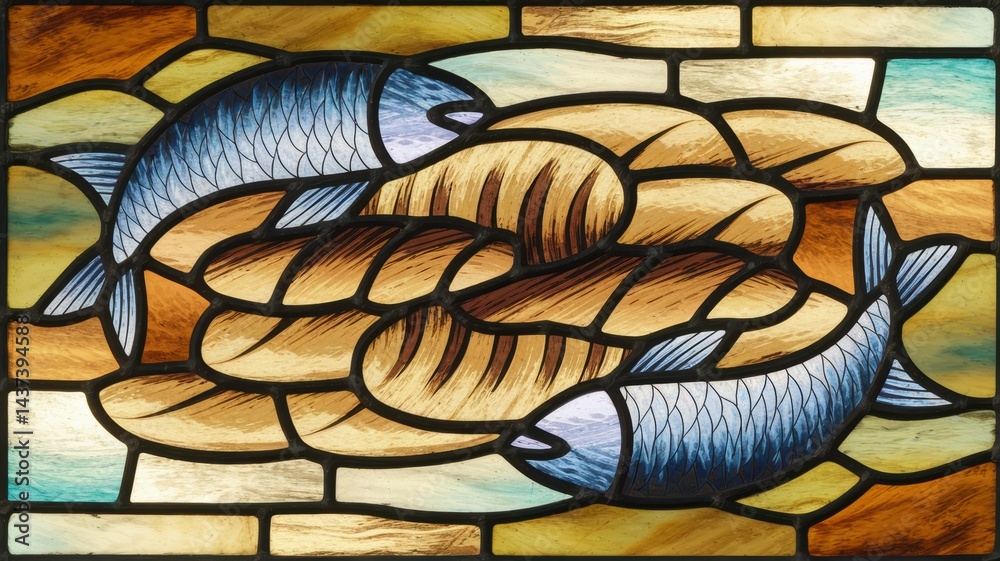 Stained glass illustration depicting the biblical miracle of the loaves ...