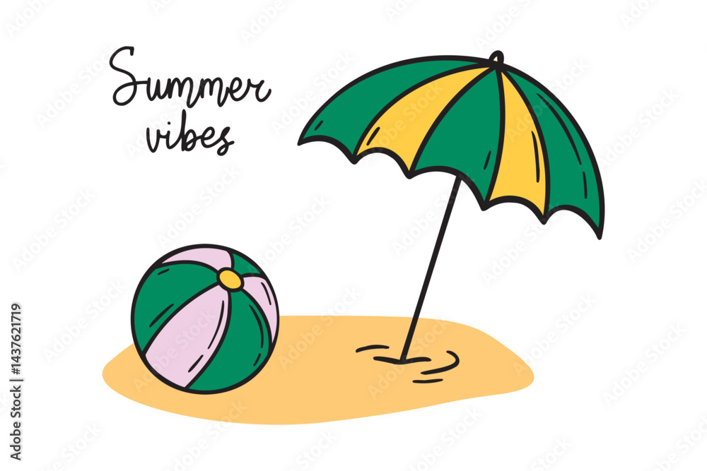 sun umbrella and beach ball summer vibes icon doodle hand drawn ...