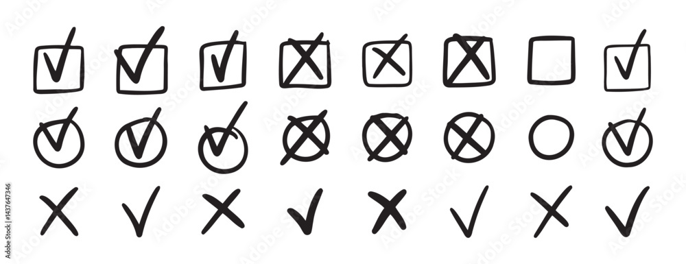 check mark icon set. cross icons set. Hand drawn black strokes marks for check list items ...