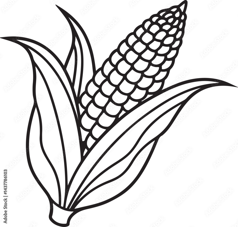 corn line art, black outline, vector and illustration, coloring book ...