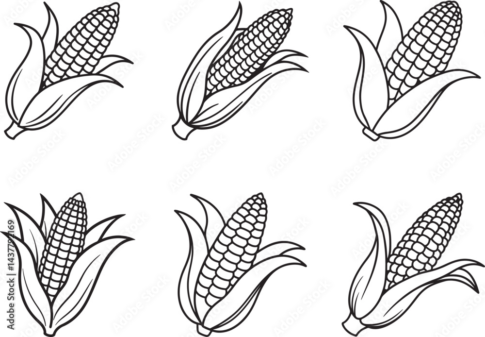 set of corn line art, black outline, vector and illustration, coloring ...