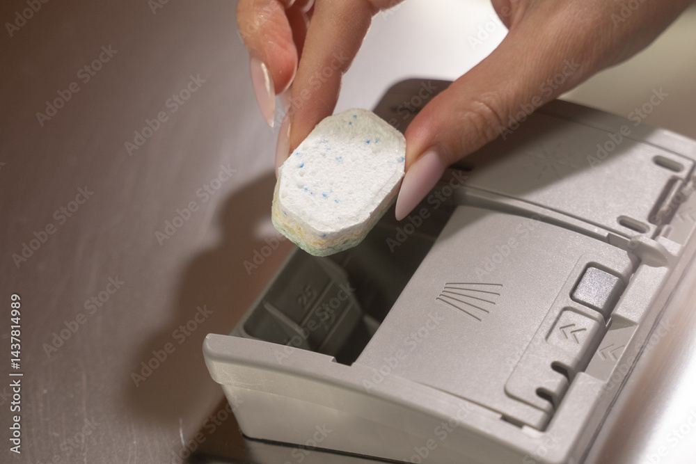 Female carefully inserting detergent tablet into washing machine ...