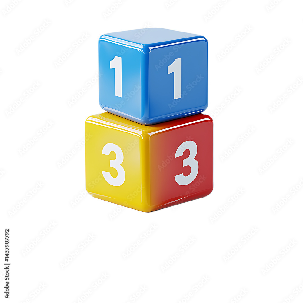 Colorful number blocks with digits 1 and 3 isolated on a transparent ...
