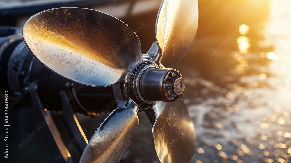 Isolated close-up of a boat engine propeller with light bouncing off ...