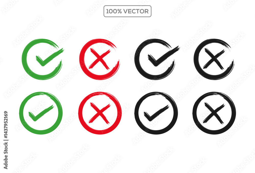 Check mark icons. brush green check mark and red cross mark icon set ...