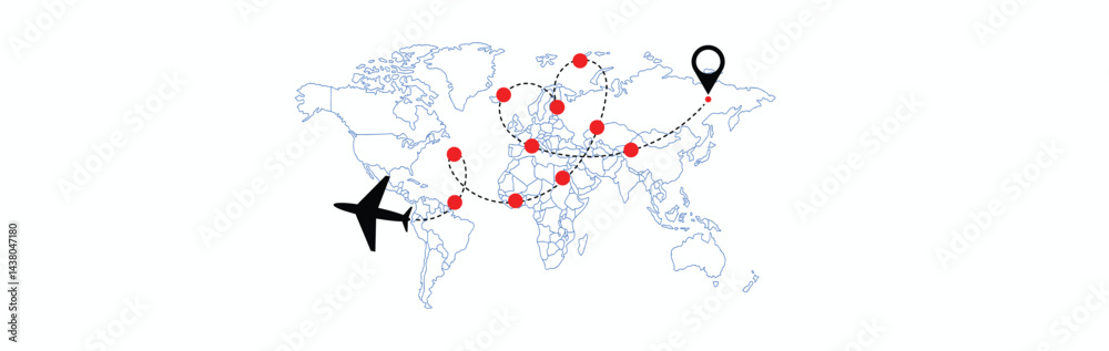 World map with airline routes. world map with icons of airplanes ...