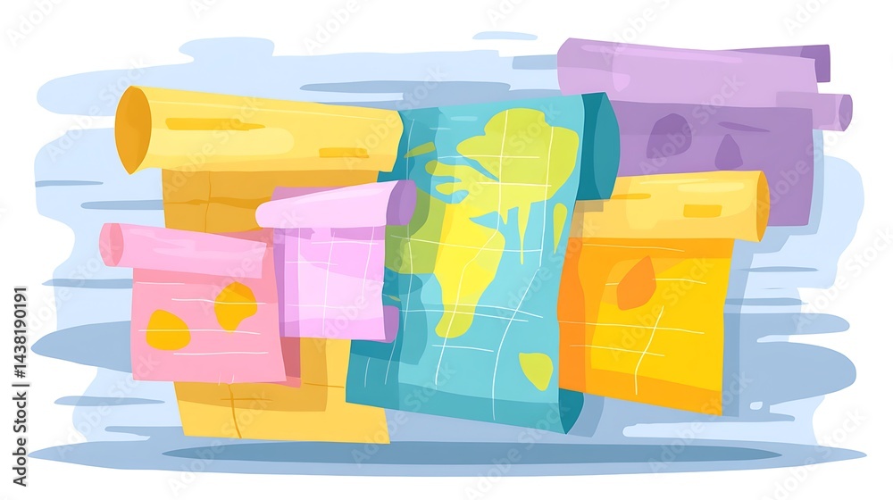 Collection of colorful world maps, rolled and stacked on a light blue ...