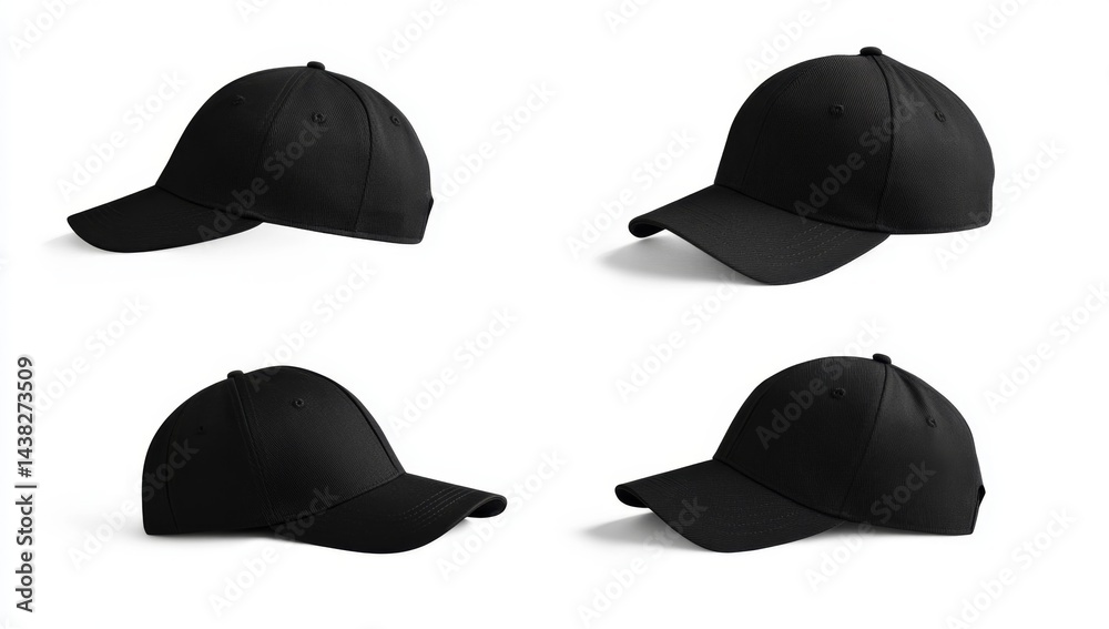 Four black baseball caps, various angles Stock Photo | Adobe Stock