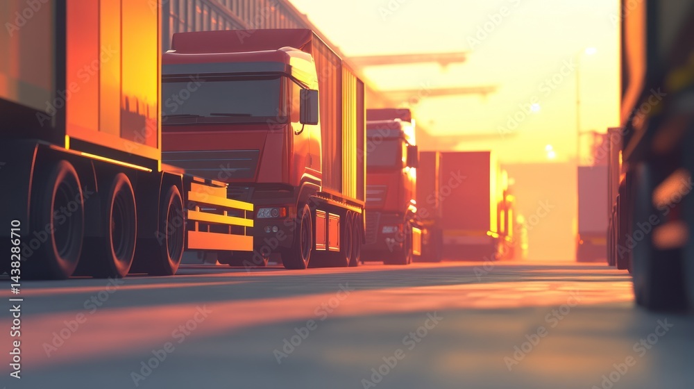 Sunset Logistics: A Golden Hour Convoy of Cargo Trucks at Port Stock ...