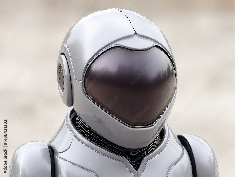 Futuristic white robotic suit in full frontal view with reflective ...