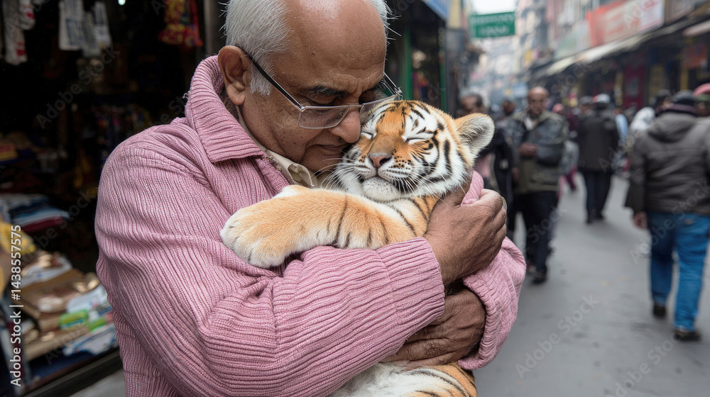 Elderly Indian man lovingly hugging a sleeping tiger cub on a busy ...