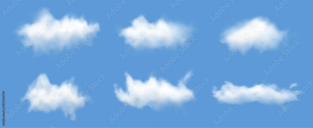 Realistic clouds. 3D white cloud set with fluffy clouds floating in blue sky, isolated cumulus ...