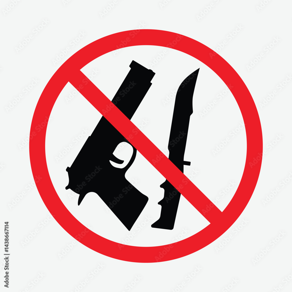 No Weapons Prohibited Icon - Vector Sign with Gun and Knife, Firearm ...