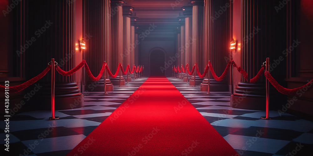 Red carpet walkway with velvet ropes in grand hallway. Luxurious ...