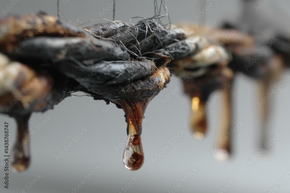 Burnt rope hanging with resinous drips suspended in the air, detail of ...