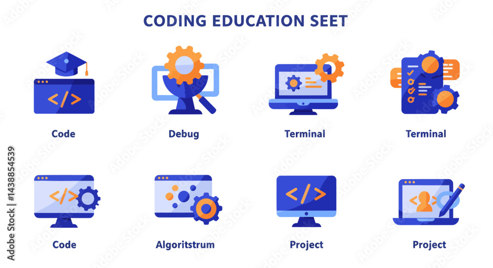Coding education and software development process with coding, debugging, terminal, algorithm ...
