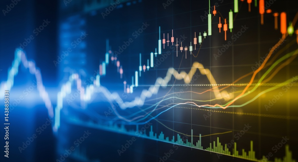 Stock market chart with candlestick graph and technical indicators ...