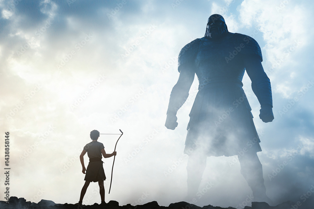 young David facing imposing Goliath from behind, slingshot in hand ...