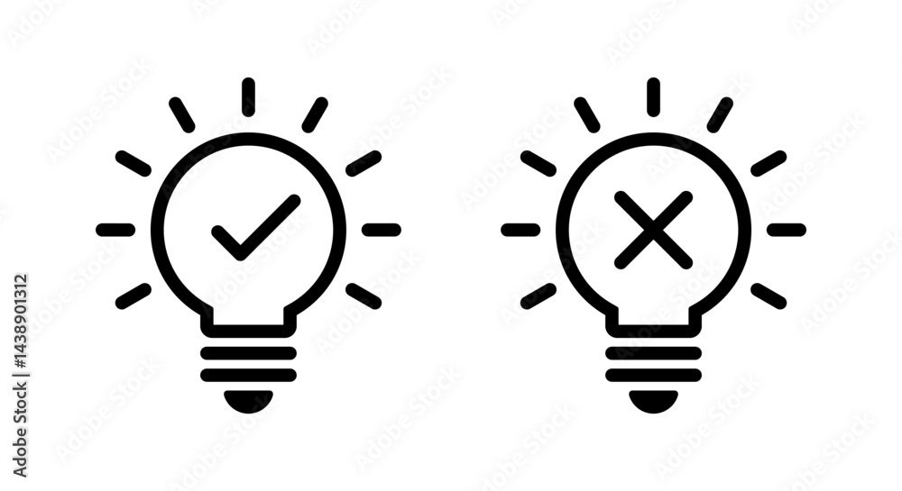 Light bulb with check and cross mark icon in line design. Creativity ...