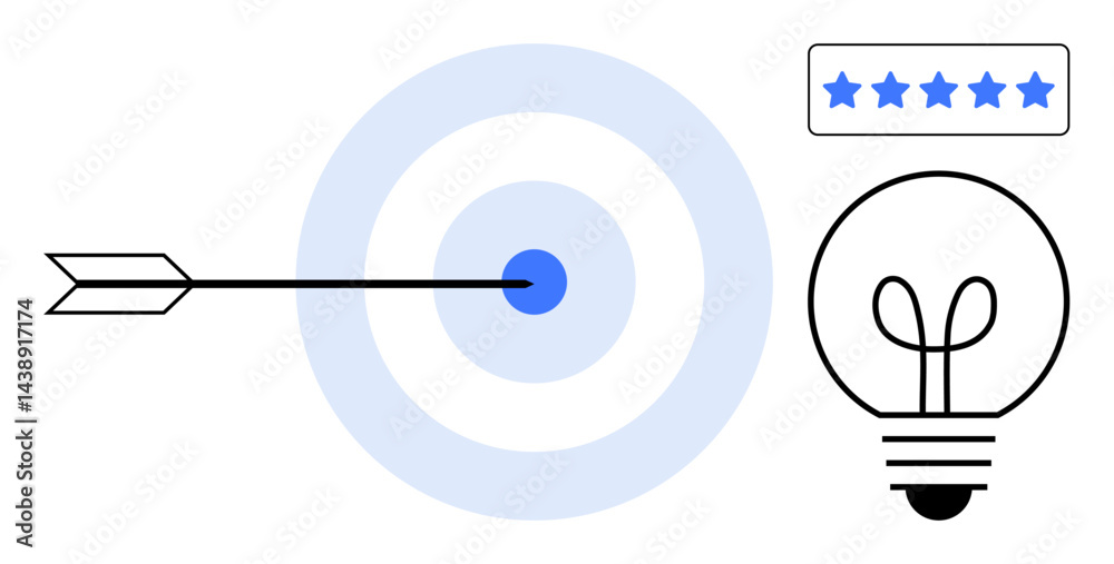 Arrow hitting bullseye, glowing light bulb, and 5-star rating represent ...