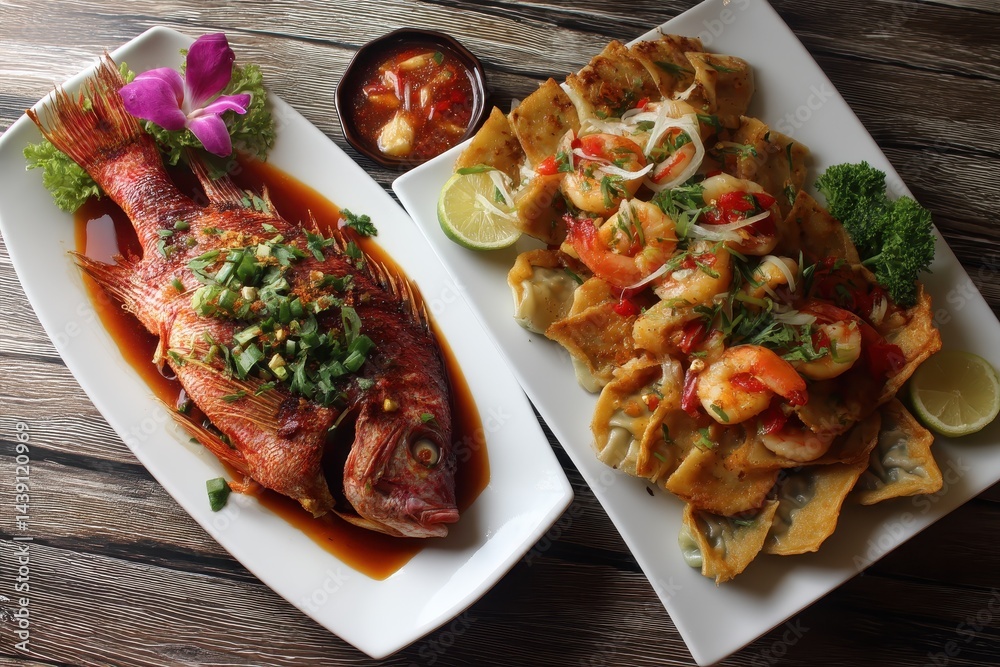 Whole red snapper dinner Thai style with sweet and sour shrimp and pan ...