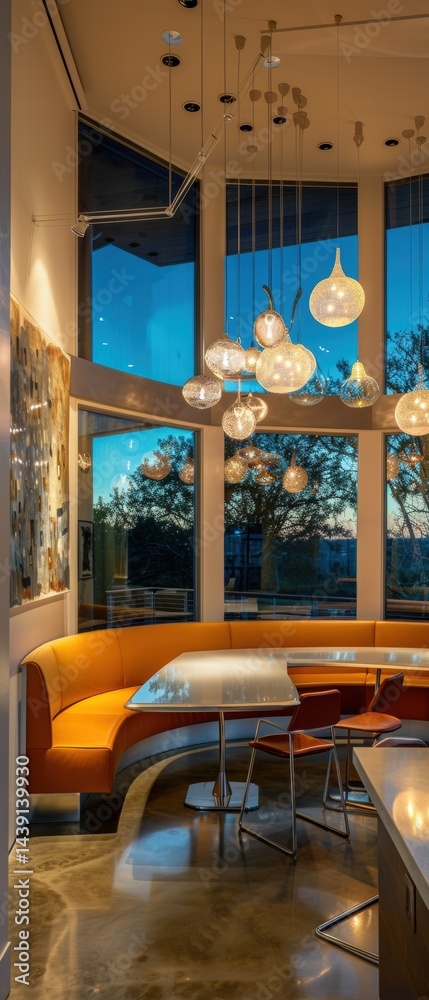 Sunlit breakfast nook curved banquette pendant lights art decor ...