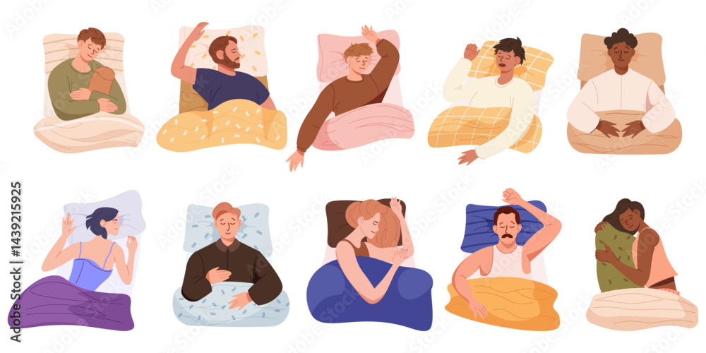 People in bed. Man and woman sleeping, person rest and recreation ...