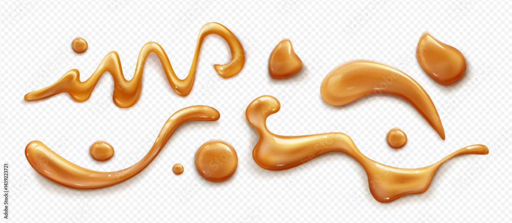 Caramel sauce syrup realistic splashes and drops set on transparent ...