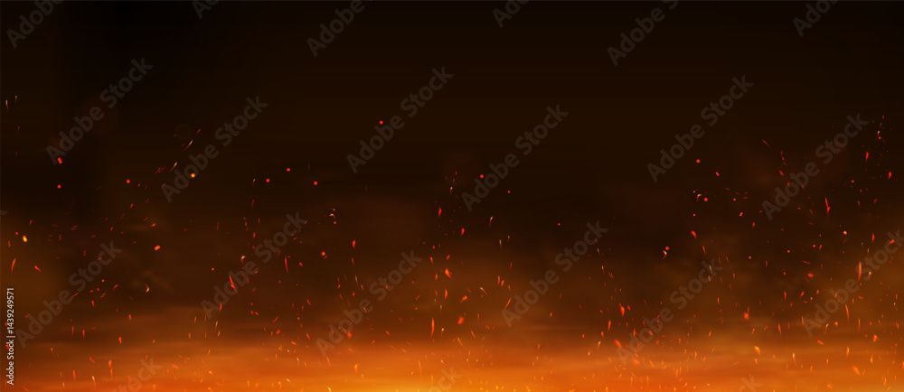 Flying sparks of fire with heat and smoke effect and flying coals ...