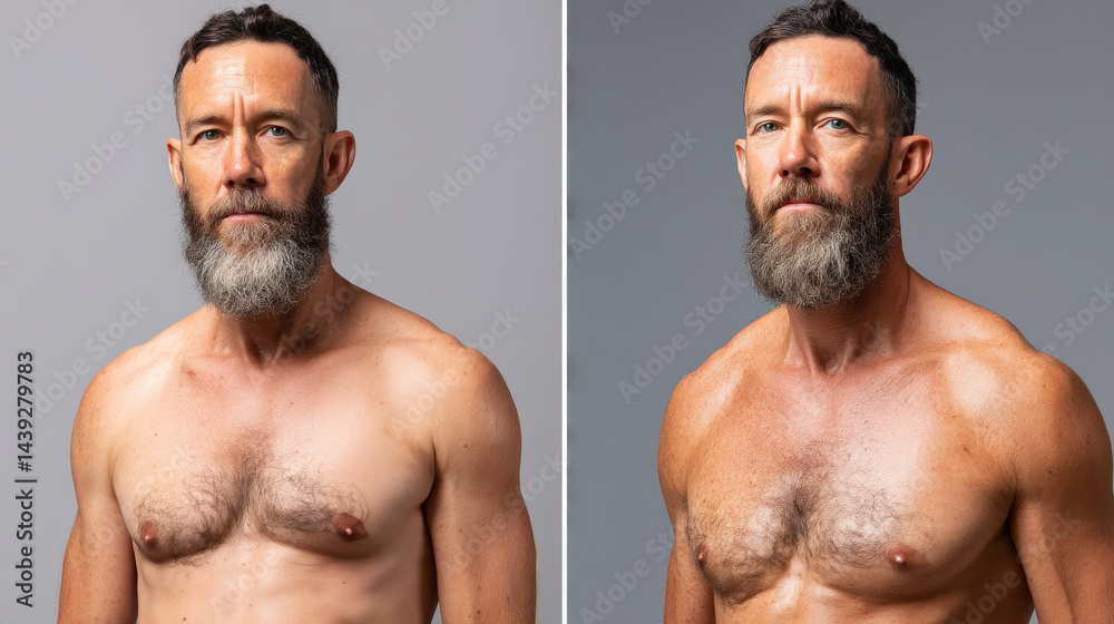 Photo Stock Side by side comparison of shirtless man with beard ...