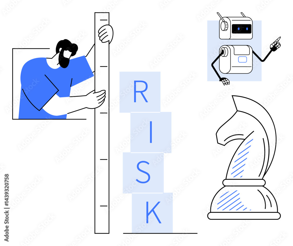 Man measuring stack labeled RISK, robot pointing, and chess knight ...