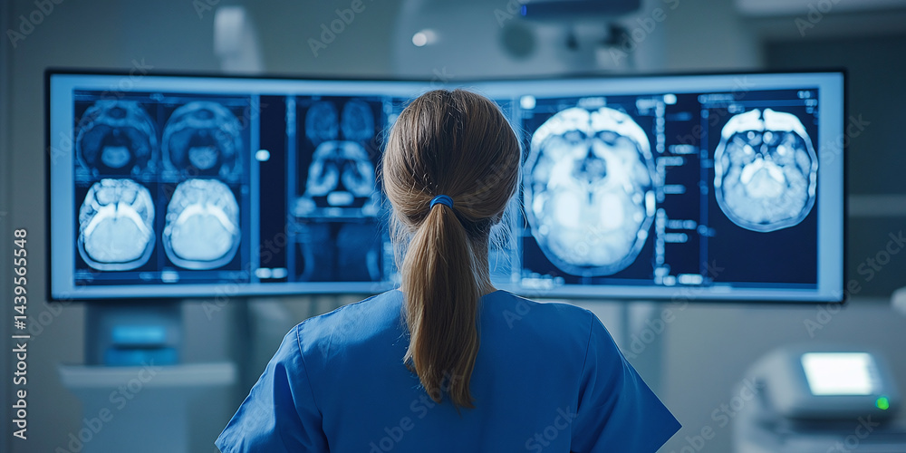 A radiology technician in a blue uniform analyzes MRI and CT scans in a ...