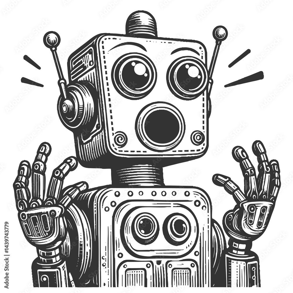 robot in shock with wide eyes and open mouth, surrounded by symbols and ...