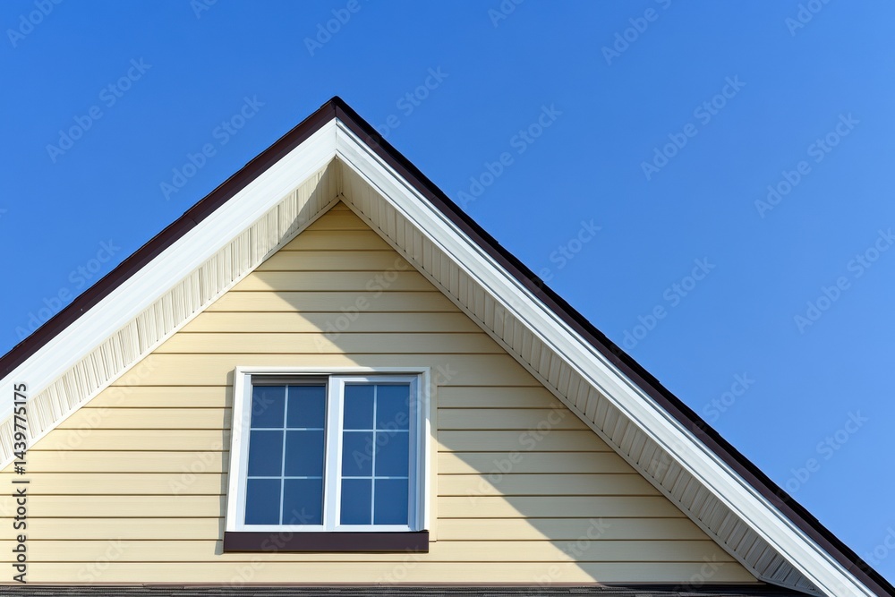 House Exterior. Roof Window. Second floor among blue sky. Mansard attic ...