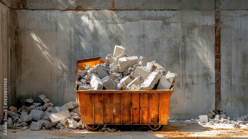Worksite scene with metal dumpster full of concrete demolition remains ...
