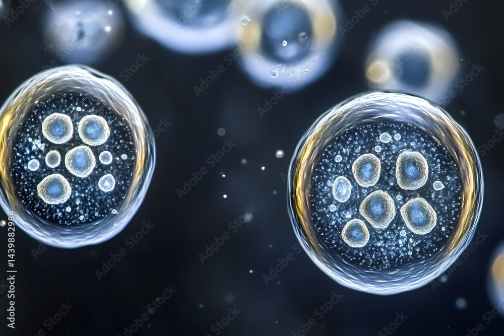 Microscopic view capturing ovum cells dividing and multiplying during ...