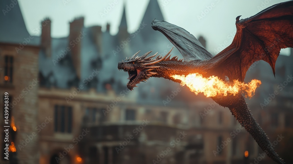 Fierce red dragon breathing fire in front of medieval castle with ...