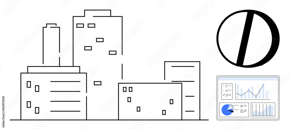 Minimal city buildings and dashboard showing charts, graphs, and pie ...