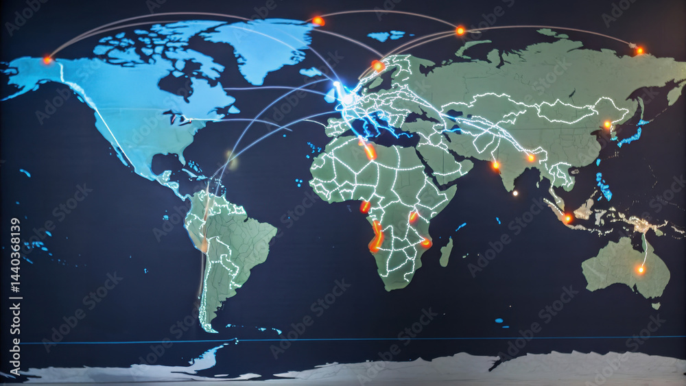 World map with highlighted trade routes connecting various continents ...