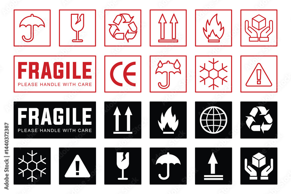Fragile Sticker Label Set. Handle With Care Shipping Warning Signs for ...