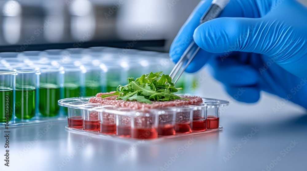 Lab-grown meat sample with greens, being analyzed with a pipette in a ...