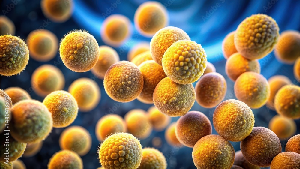 Cluster of spherical Staphylococcus aureus bacteria magnified under a ...