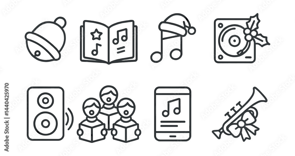 Christmas music icons set – jingle bell, carol book, festive note ...