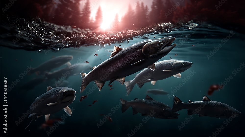 Underwater photography of salmon fish swimming upstream in natural ...