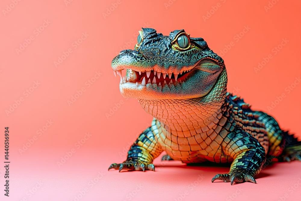 crocodile surprised, scared with open mouth on a plain colored ...